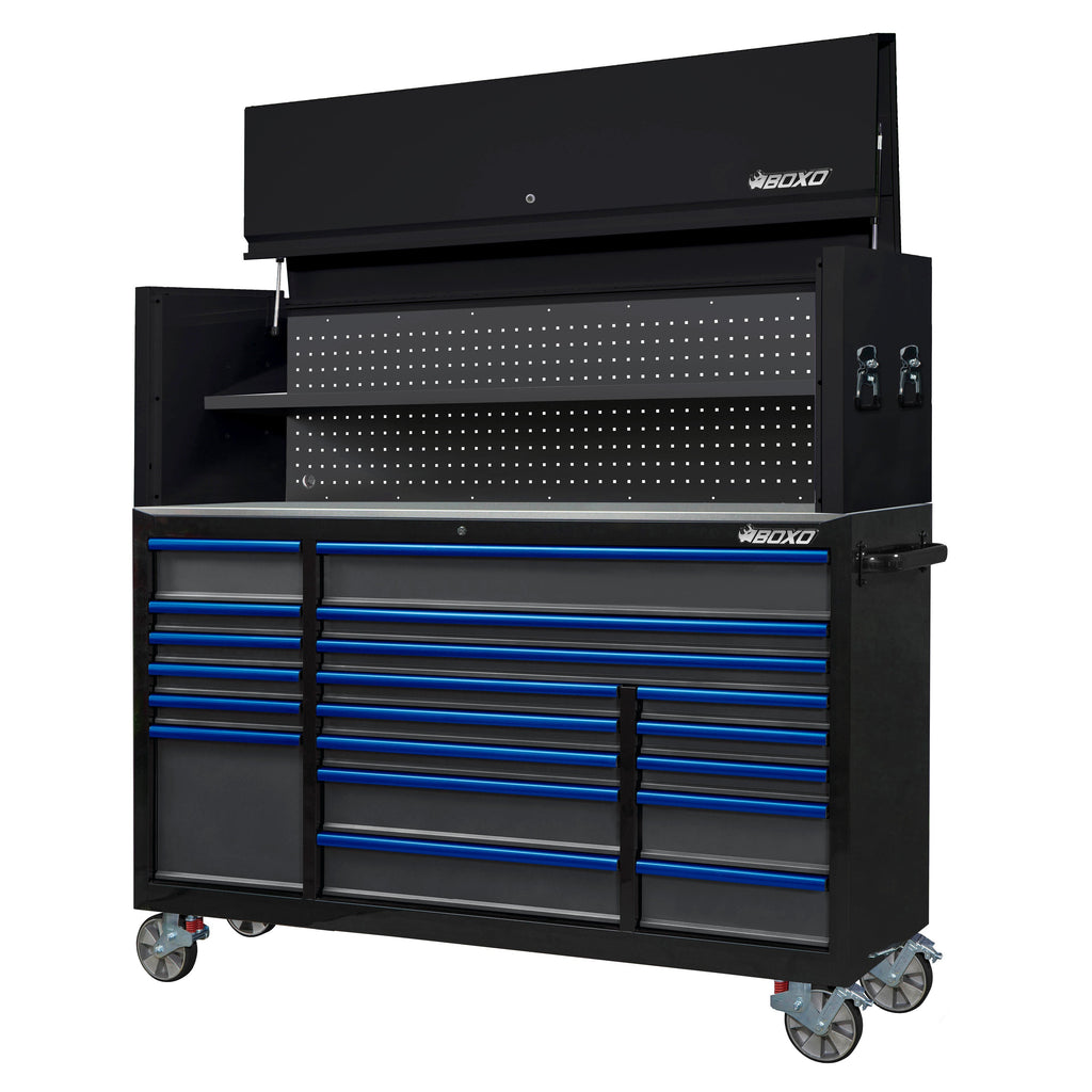 BOXO 72" 19 Drawer Roll Cabinet & Hutch with Drawer Trim Pack In Black